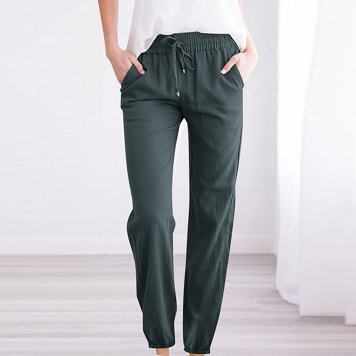 SMIDOW Warehouse Pant Womens Flowy Pants Womens Cotton Linen Pants Drawstring Elastic Waist Tapered Pants with Pockets Relaxed Fit Casual Fall Pants Army Green XL