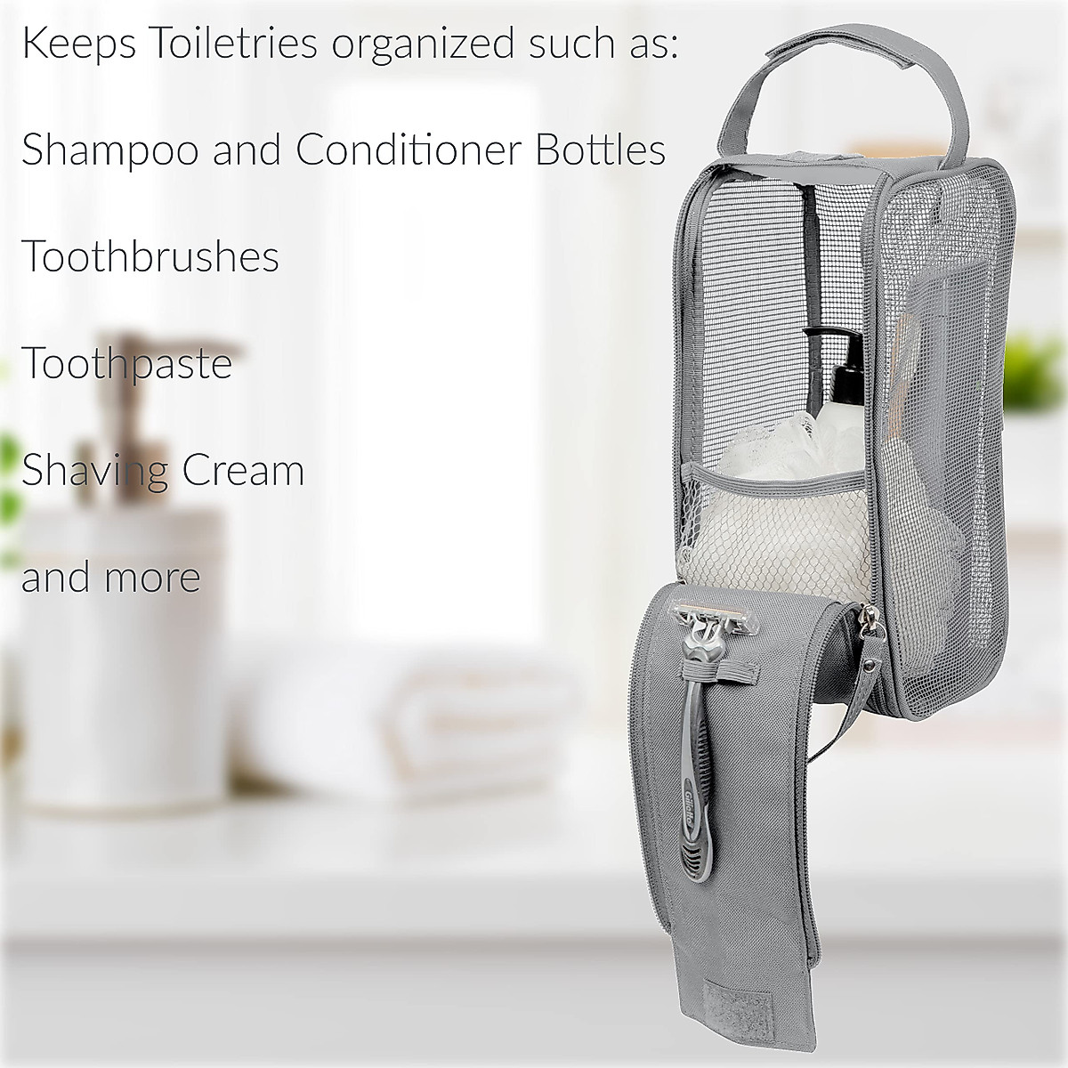 Simplify Hanging Mesh Toiletry Bag | Travel Organizer | Perfect for Dorm | Gym | Back to School | Shampoo | Shower Accessories | Grey