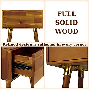 Bme Alden Solid Wood Nightstand/Side Table/End Table, Fully Assembled, with 1-Drawer for Mid Century Bedroom and Living Room, (12mm), Caramel