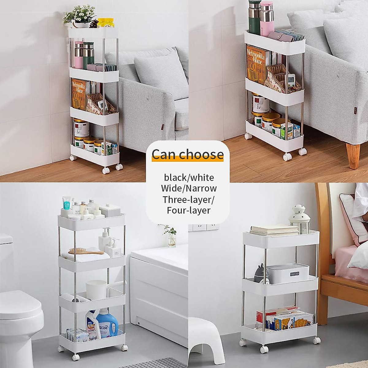 Generic Slim Rolling Storage Cart for Laundry Room Organization, 4 Tier Assemble Mobile Shelving Unit with Wheels Rolling Utility Cart Storage Rack for Kitchen