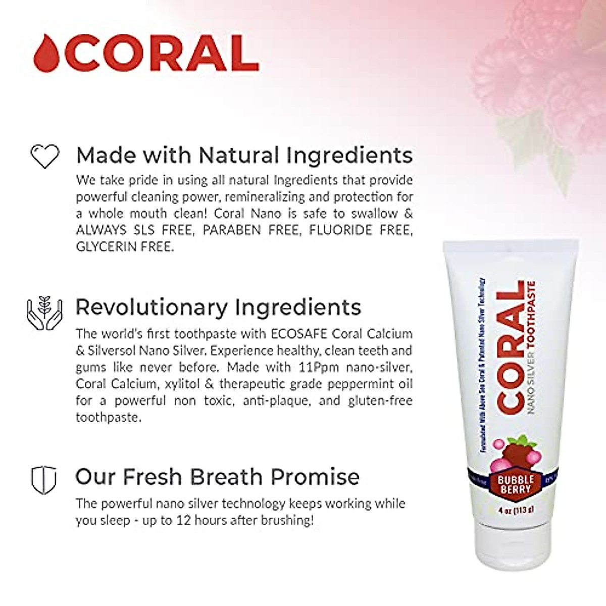 Coral Nano Silver Bubble Berry Fluoride Free Toothpaste, Natural Fluoride Free Teeth Whitening Toothpaste, Coral Calcium Nano Silver Infused SLS Glycerin Free 4 Ounce