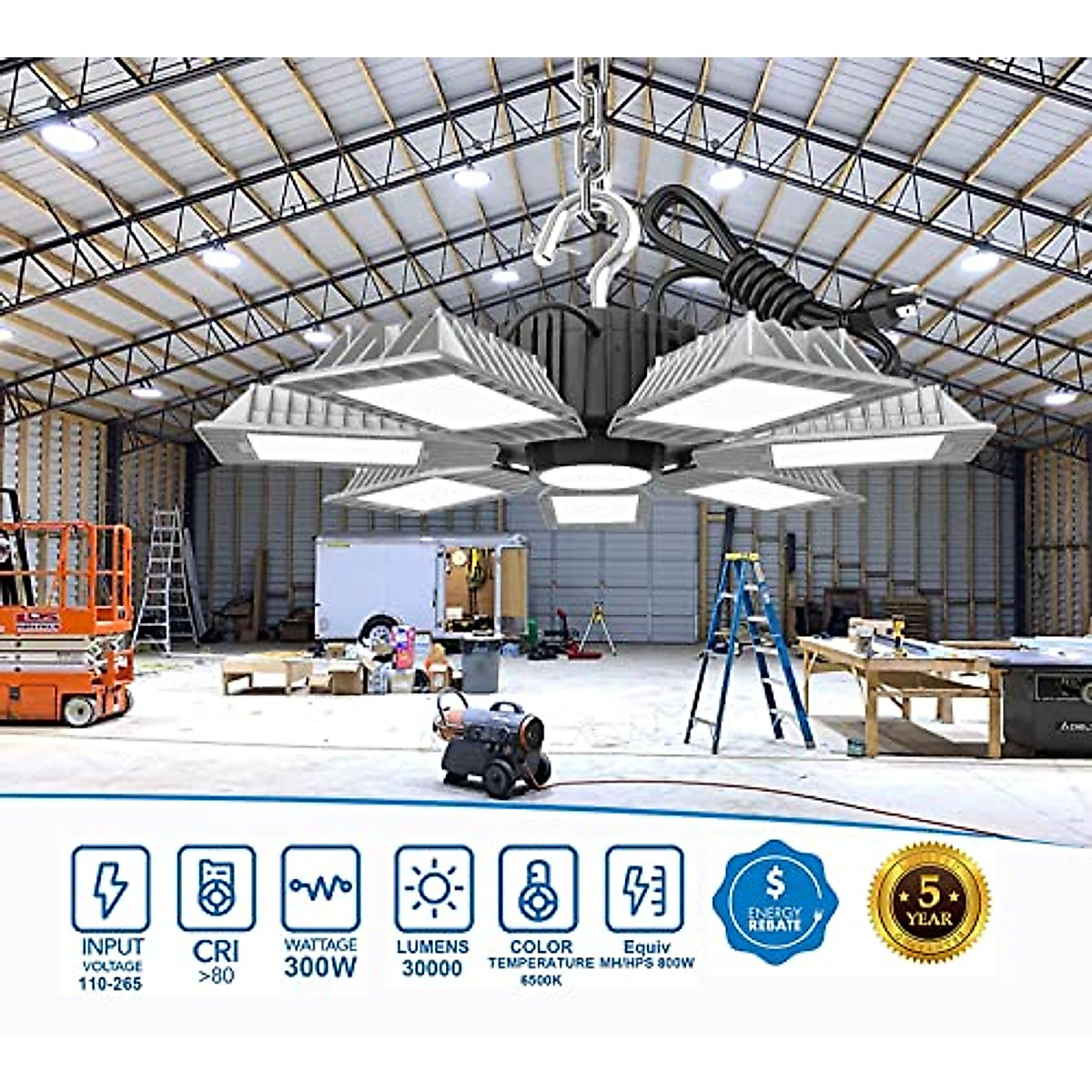 300W LED shop light, 6500K, 1000W Eq- Ultra-Bright high Bay for workshop, 30000lm Plug-in with Hanging Hook, Safety Rope - Ideal for Garage, Warehouse, Residential Barn, Factory, Workshop Lighting