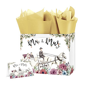 ysmile Wedding Gift Bag with Wrapping Tissue, 12" Bride Gift Bag for Engagement, Anniversary for Women Men Mr Mrs