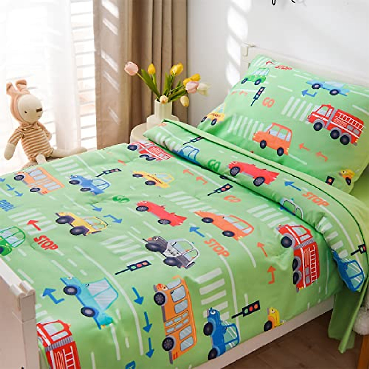 A Nice Night 4PCS Toddler Bedding Set, Transport Vehicles Cars Pattern, Comforter Sets,Includes Comforter, Flat Sheet, Fitted Sheet and Pillowcase,Green