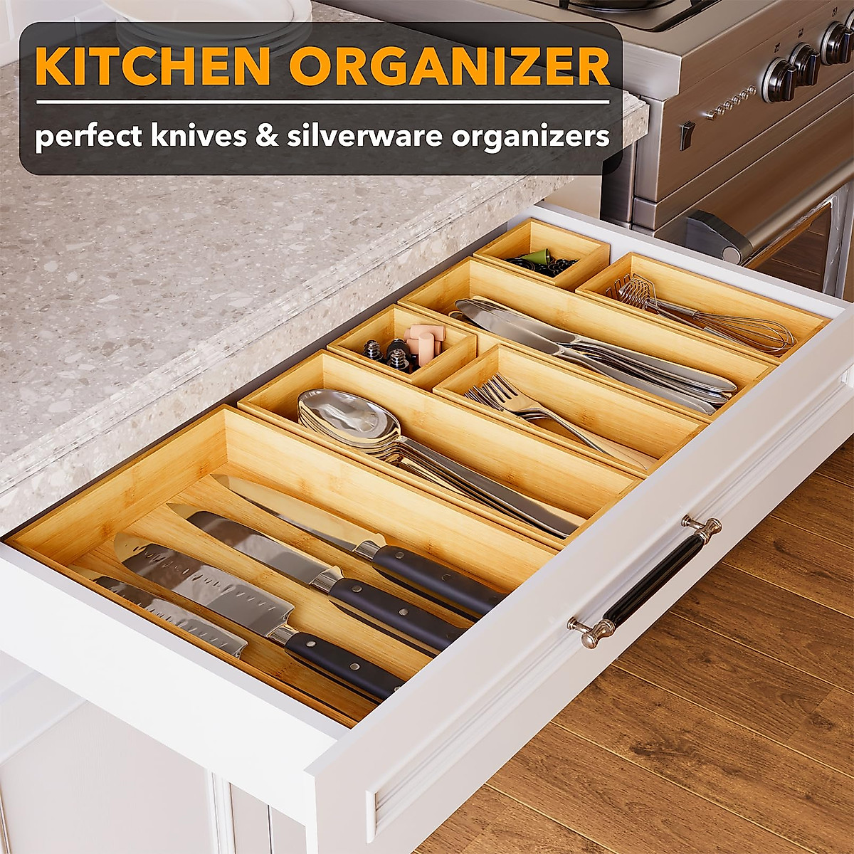 SpaceAid 7-Piece Bamboo Drawer Organizer Storage Boxes Set, Wood Tray Junk Drawer Organizers Multi-Use Divider Bins for Kitchen, Bathroom, Office Desk and Makeup Organization (7 Pack, Natural)