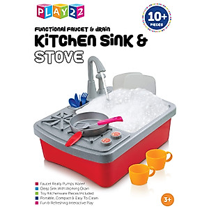 Play22 17 Pc Kids Play Sink with Running Water - Kitchen Sink Toy - Toddler Sink Toy with Real Faucet & Drain, Dishes, Utensils - Play Cooking Stove W/Pan - Kitchen Toys for Toddlers & Kids