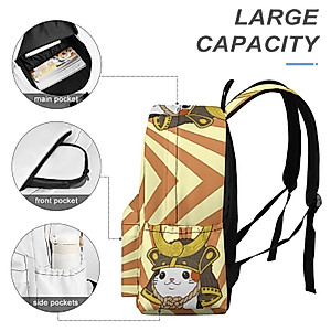 Japanese Bobtail Cat Wears Samurai Travel Backpack Lightweight 16.5 Inch Computer Laptop Bag Casual Daypack for Men Women