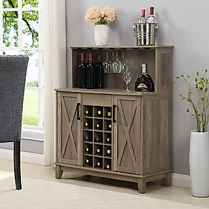 Home Source Bar Cabinet with Wine Rack and Glass Doors (Grey wash- Solid)