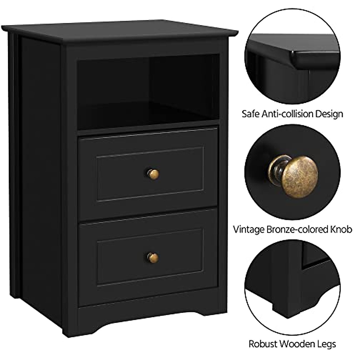 Yaheetech Nightstand Set of 2, Wooden Bedside Tables with 2 Drawer and Cubby, 2Pcs Tall Nightstand for Bedroom Small Space, Bedside Cabinet Telephone Table, 19″ L × 16″ W × 29″ H, Black