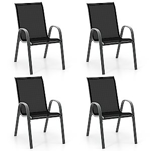 MEDIMALL Patio Chairs, Stackable Patio Chairs Set of 4, Black Lawn Chairs with Armrest & Breathable Fabric for All Weather, Outdoor Dining Chairs for Yard, Poolside, Balcony, Garden