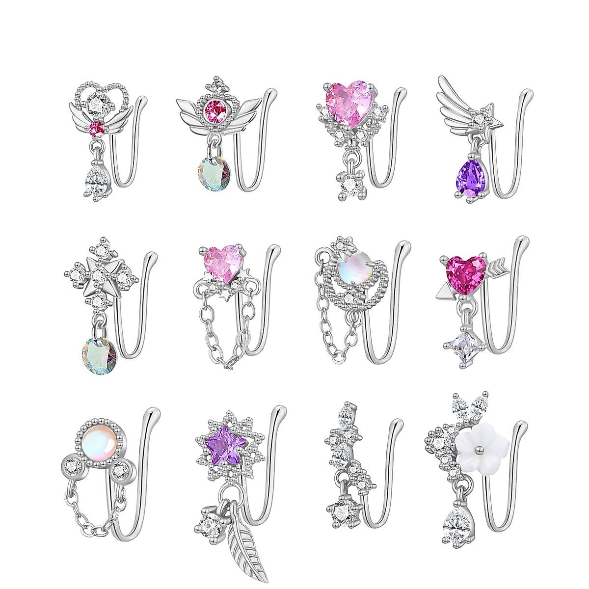 PLOMFOV 12Pcs Fake Nose Ring for Women Dangling Nose Cuffs Faux Clip on Nose Ring for Non Pierced Nose Silver