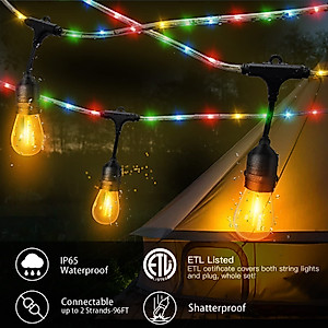 CLASShine 48ft RGB & White Outdoor String Lights Dimmable with Remote, Patio Lights Waterproof, Timer, 15 Hanging Sockets, 15+3 Edison LED Shatterproof Bulbs, Deck Porch Fence Decoration