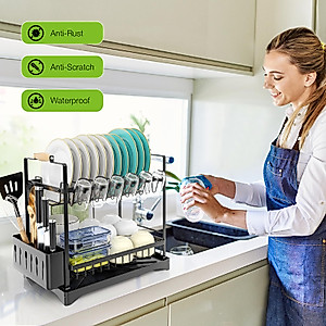 Housmile Dish Drying Rack, Large-Capacity Dish Rack for Kitchen Counter, Stainless Steel Dish Drainer, 2-Tier Drying Rack Kitchen Adjustable Height for Dishes, Knives, Spoons, and Forks, Black