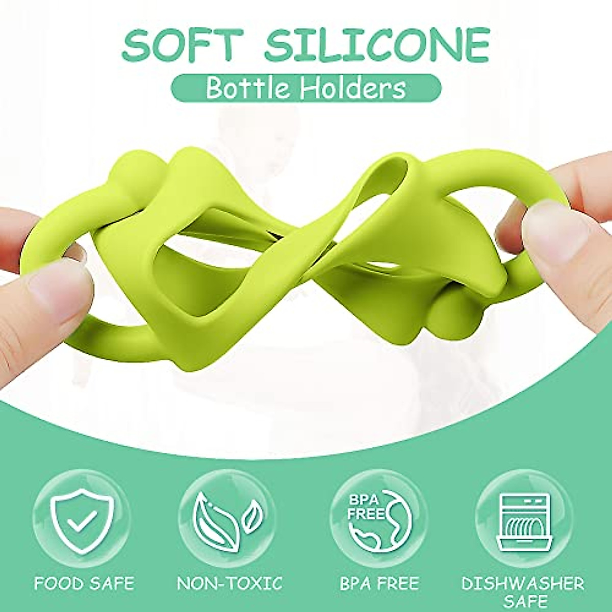 Aolso Silicone Baby Bottle Handles, 2PCS Bottle Handles, Baby Bottle Handles has Easy Grip Handles, Bottle Handles for 2.25" Diameter Baby Bottles and Straw Bottles(Blue/Green)