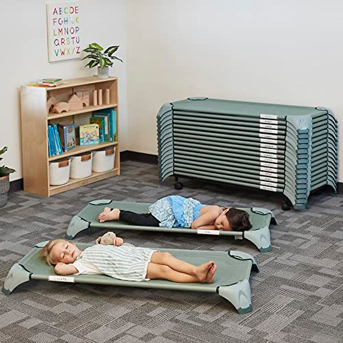 ECR4Kids Stackable Cozy Cot with Storage, Classroom Furniture, Sage, 6-Pack