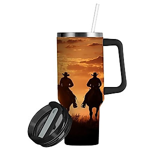 Flradish 30oz Tumbler with Handle, Desert Troops Cowboy under Sunset Stainless Steel Tumbler with Lid and Straws Double Wall Vacuum Insulated Leakproof Coffee Travel Mug