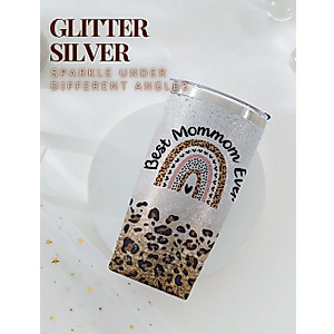 Onebttl Mommom Gifts from Granddaughter, Grandson, Insulated Stainless Steel Wine Tumbler with Lid and Straw, for Grandma on Mother's Day, Birthday, Christmas, Best Mommom Ever, Glitter Silver, 20 oz