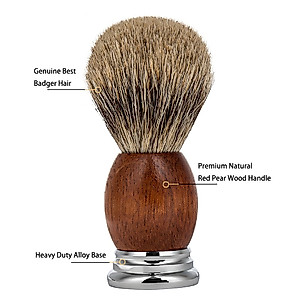 CHARMMAN Best Badger Hair Bristles Shaving Brush, Premium Natural Red Pear Wood Handle+Heavy Duty Alloy Base