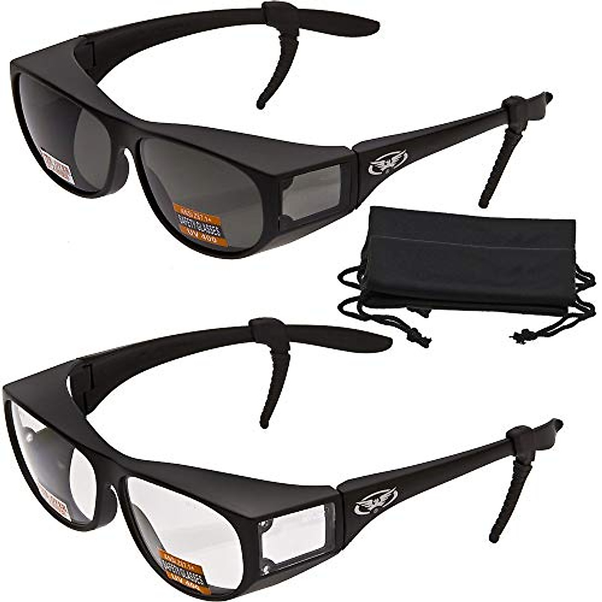 Global Vision 2 Pairs Clear and Smoke - Escort Fit Over Sunglasses ANZI Z87.1+ Safety Compliant