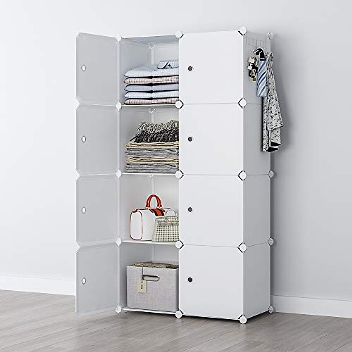 YOZO Cube Storage Organzier Portable Wardrobe Closet Bedroom Dresser (28x18x56 inches) Portable Closet Cube Shelf Armoire Pantry Cabinet, 8 Doors, White