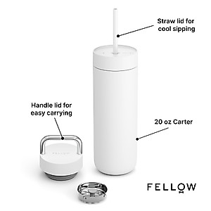 Fellow 20 oz Carter Water Bottle with 2 Lids - Leak-Proof Lid with Metal Handle - Cold Lid with Straw - Ceramic Interior & Vacuum-Insulated Stainless Steel - Matte White