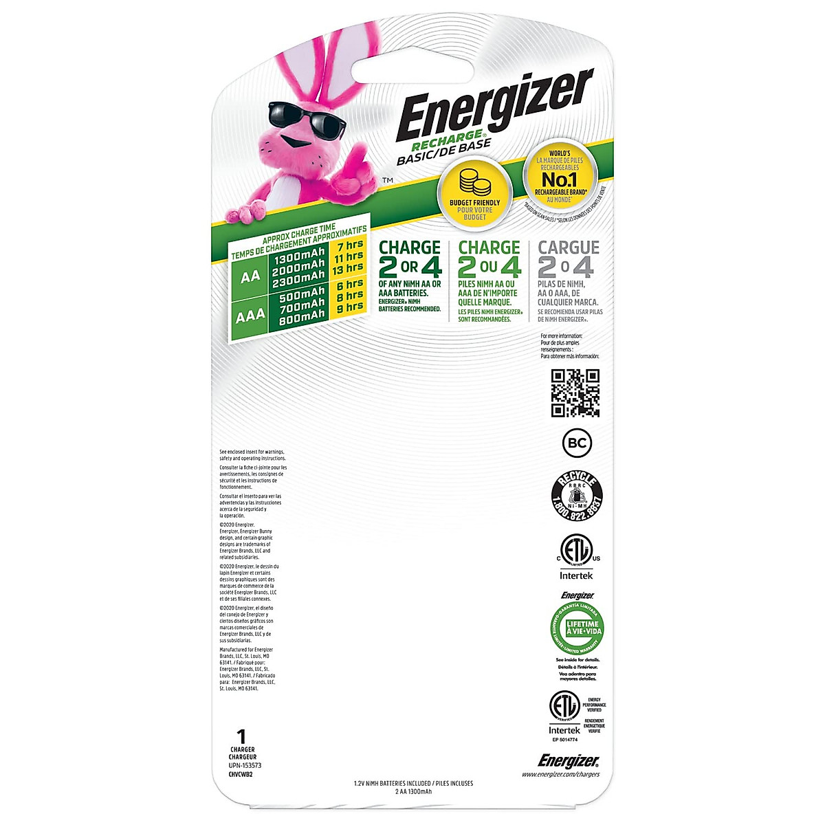 Energizer Recharge, Basic Charger for Rechargeable Batteries, 1 Count