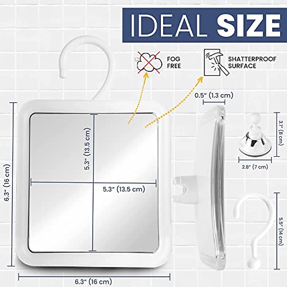 Fogless Shower Mirror for Shaving with Upgraded Suction, Anti Fog Shatterproof Surface and 360° Swivel - Includes Optional Hook Accessory To Transform Suction Mirror Into Hanging Mirror - 6.3" x 6.3"
