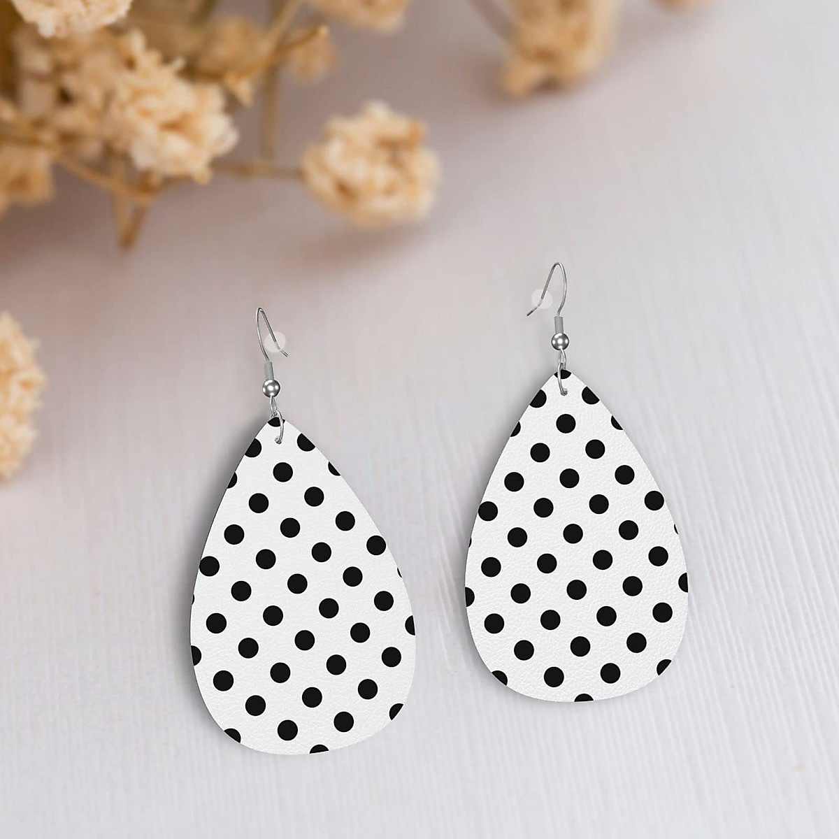 Faux Leather Earrings Black White Polka Dot Teardrop Dangle Earrings For Women