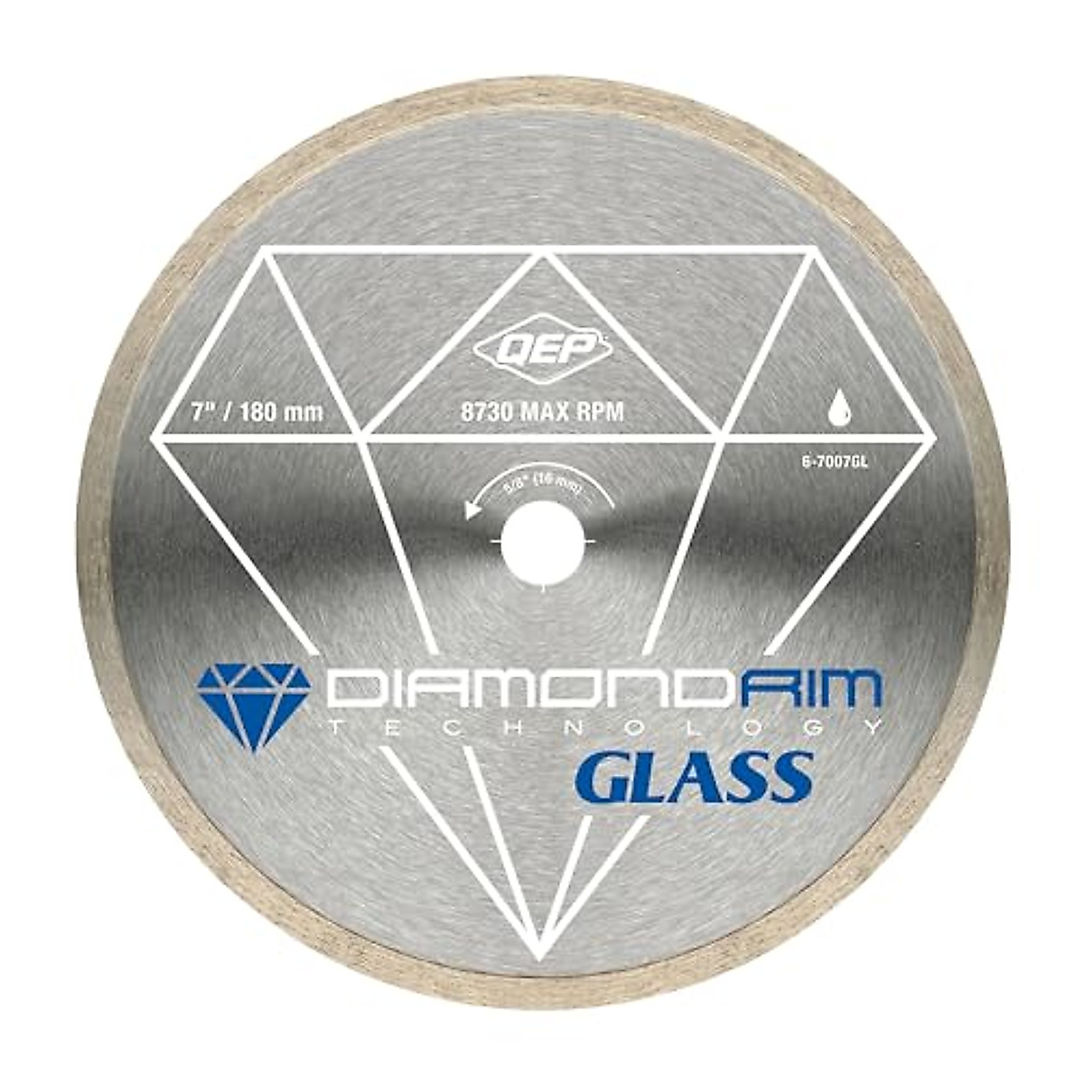 QEP 6-7007GL 7-Inch Continuous Rim Glass Tile Diamond Blade, 7mm Rim Height, 5/8-Inch Arbor, Wet Cutting, 8730 Max RPM