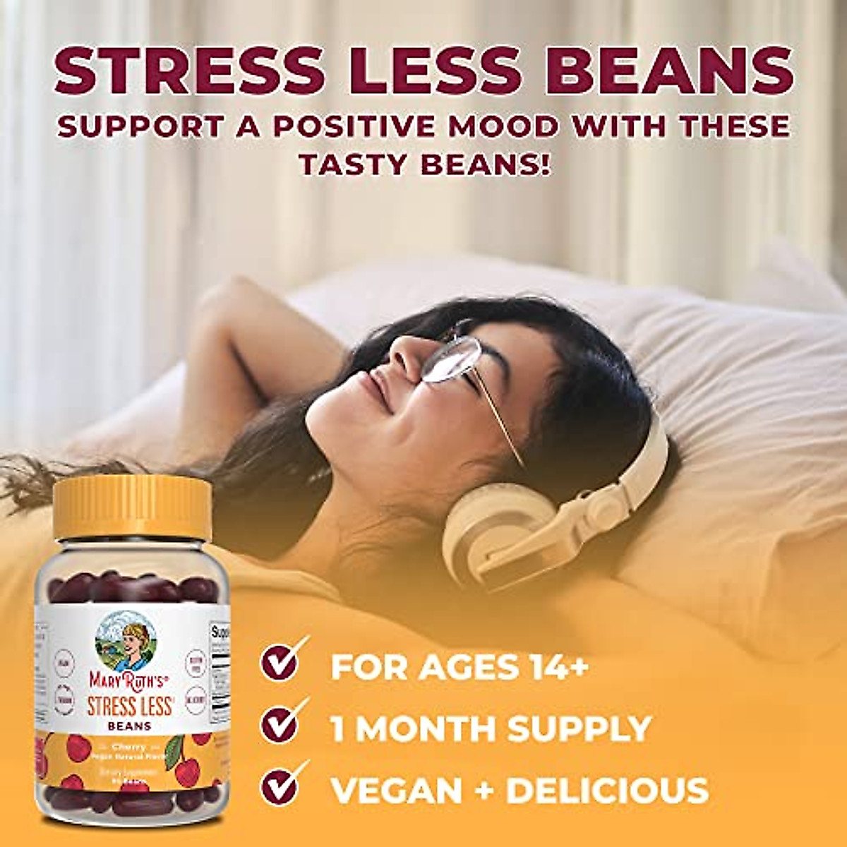 MaryRuth's Stress Relief Vita-Beans for Adults | Made with Magnesium Citrate & L-Theanine | Natural Calm, Relaxation, Stress and Mood Support Supplement for ages 14+ | Vegan | Non-GMO | 60 Count