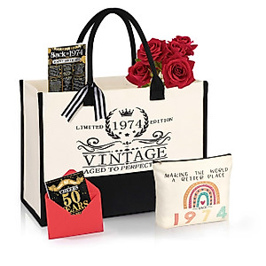 DOGMEM 50th Birthday Gifts for Women Tote Bag Birthday Gifts for Her Turning 50 Vintage 1974 50 Years Old Gifts for Mom Wife Sister 1974 Canvas Tote Bag Makeup Bag Back in 1974 Poster Gifts for Her