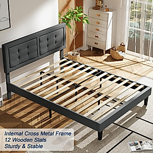 VECELO Queen Size Bed Frame with Adjustable Headboard, Upholstered Button Tufted Platform Bedframe with Wood Slats Support, No Box Spring Needed, Grey