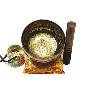 8" Healing Meditation Mantra Carved Singing Bowl, Etching Tibetan Art, Hand Hammered Singing Bowls with Silk Cushion, Gong & Mallet Striker