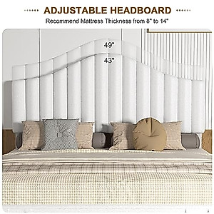 HUEOFGP Queen Size Bed Frame with Upholstered Fabric Adjustable Headboard, Platform Bed Frame with Wooden Slats Support, No Box Spring Needed, Easy Assembly, Modern, White