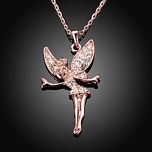 LZD Rose Gold Platinum Plated Necklace Women's Pendant Tinkerbell AWings Fairy AA Zirconia B333 (rose-gold-plated-base)
