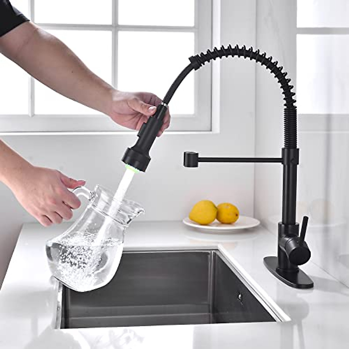 BZOOSIU Kitchen Faucet with Pull Down Sprayer, 17.65 inch Solid Brass Commercial Spring Single Handle LED Kitchen Sink Faucet for Farmhouse Camper Laundry Utility Rv Bar Sinks, Matte Black