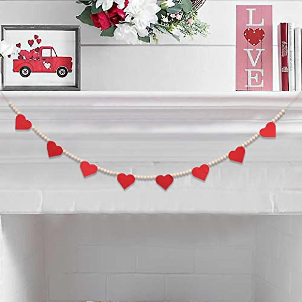Valentine's Day Wood Bead Garland for Fireplace Mantel - Red Felt Hearts Love Decor Banner Natural Boho Modern Farmhouse Beaded Wall Hanging, Engagement Banner Photo Backdrop