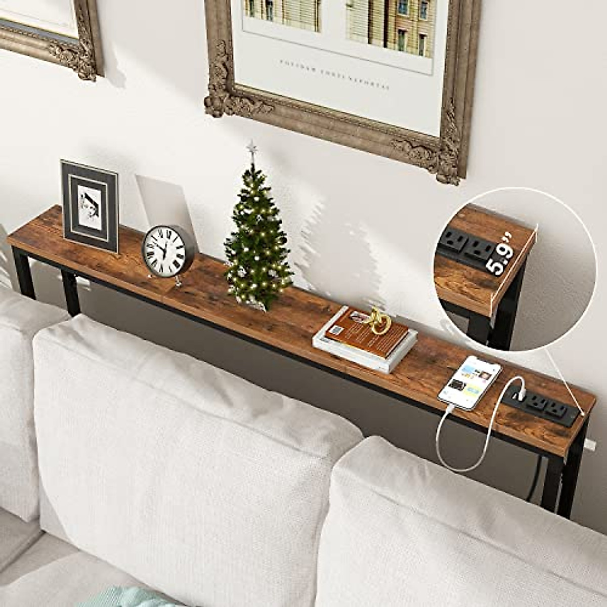 Tohomeor 5.9" Skinny Behind Sofa Console Table with Charging Station 47.24" Narrow Long Behind Couch Table with Power Outlets USB Ports Thin Entry Table for Entryway Living Room Hallway