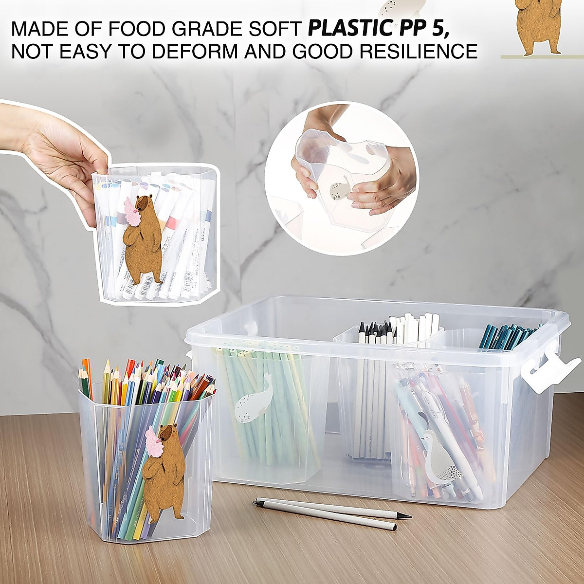 loobuu Plastic Storage Bins with Lids - 1 Pack Art Craft Supply Organizer Box with Brush Pot for Kids, 17 QT Stackable Clear Pen Container for Toy/Sewing/Comestic/Tool/Playdoh(15.93" x11.72"x7.19")