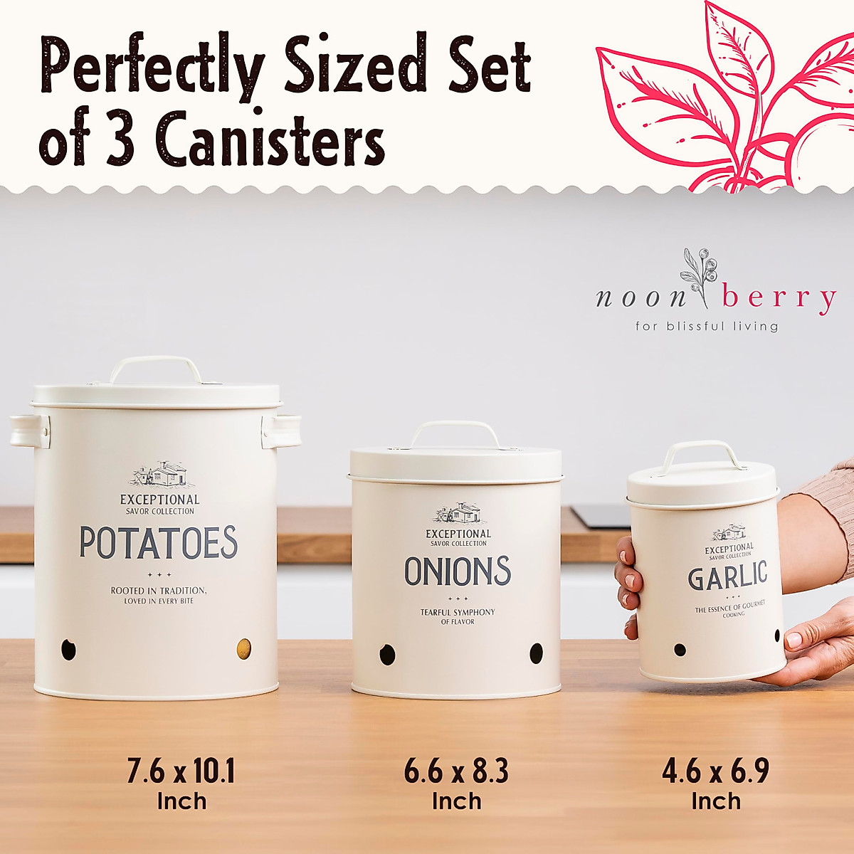 noonberry Potato, Onion & Garlic Storage Bin Set, 3 Metal Kitchen Containers with Ventilation Holes, Matte Alabaster White, Vintage Farmhouse Canisters