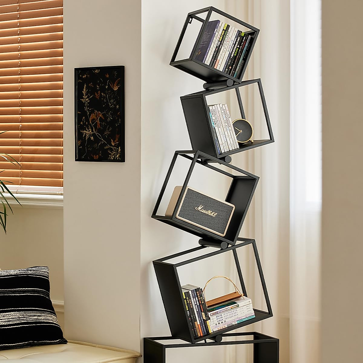 BUZUEY Modern Bookshelf,5-Tier Bookcase,72.8" Tall Black Bookshelf,Unique Geometric Book Shelf,Corner Storage Shelves for CDs/Books/Home Decor,Display Shelf for Living Room, Bedroom, Study Room