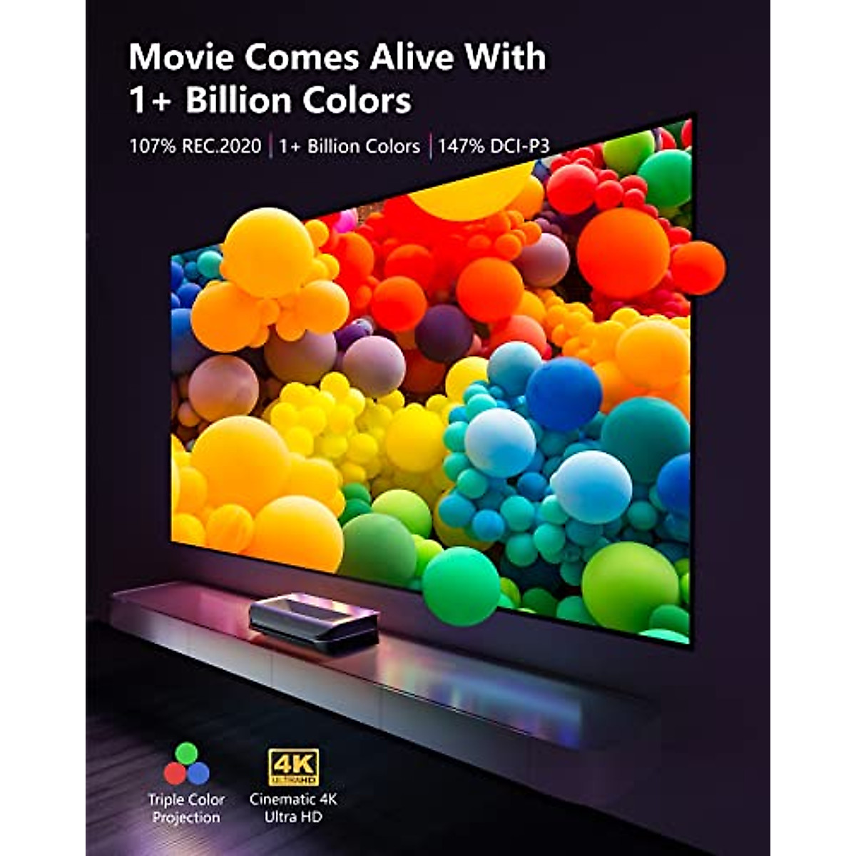 AWOL VISION LTV-3500 80”-150" 4K 3D Laser TV, 3500 ANSI Lumen Ultra Short Throw Triple Laser Projector Without Color Wheel, HDR10+ Dolby Atmos Home Theatre UST Projector(Fire TV Stick 4K Max included)