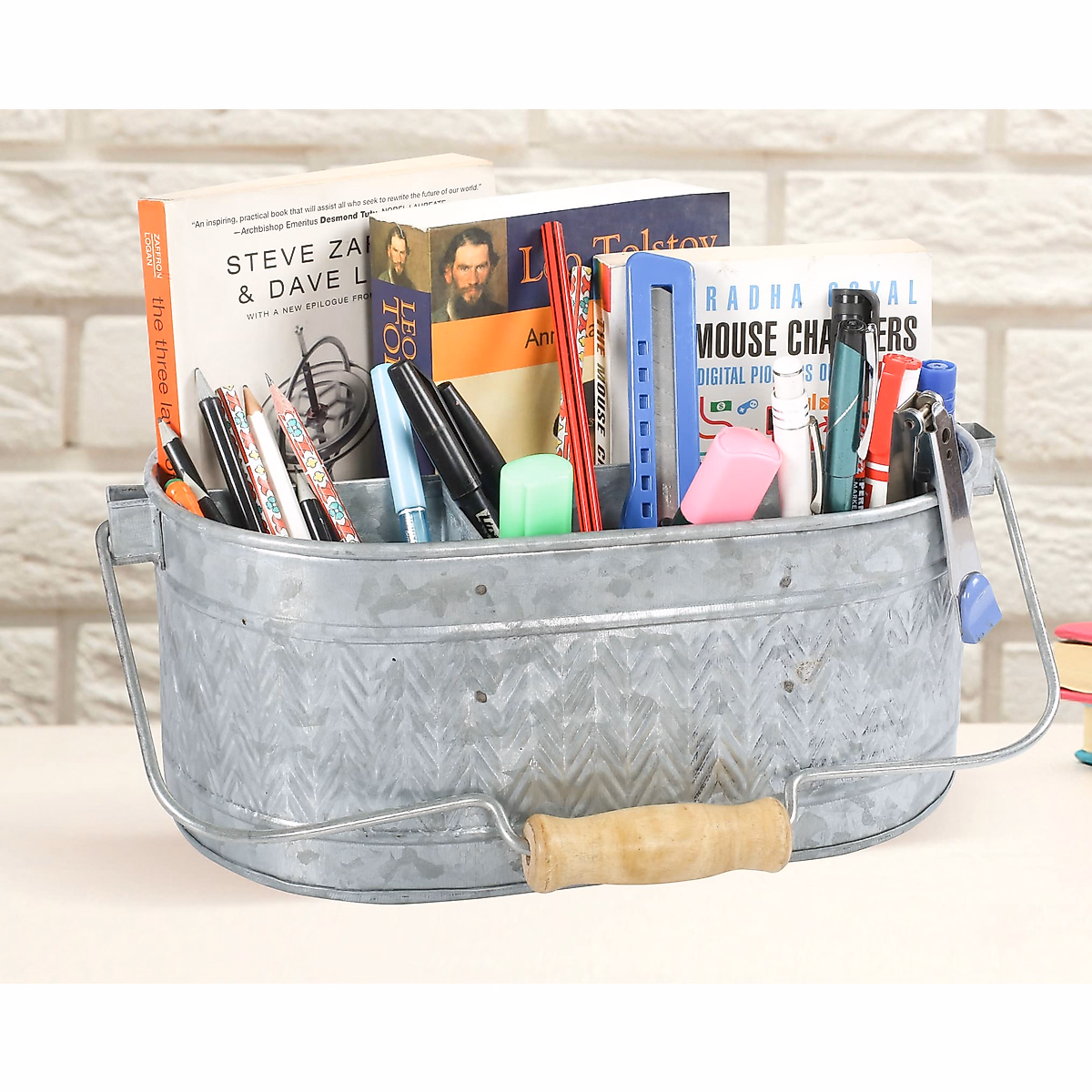 Rustic Fahmouse Galvanized Food Kitchen Utensil Holder, Picnic Drink Serveware Caddy, Multipurpose Vintage Storage Bin With Handle For Dining Table Bathroom Gardening- 12 Inch - Antique Silver