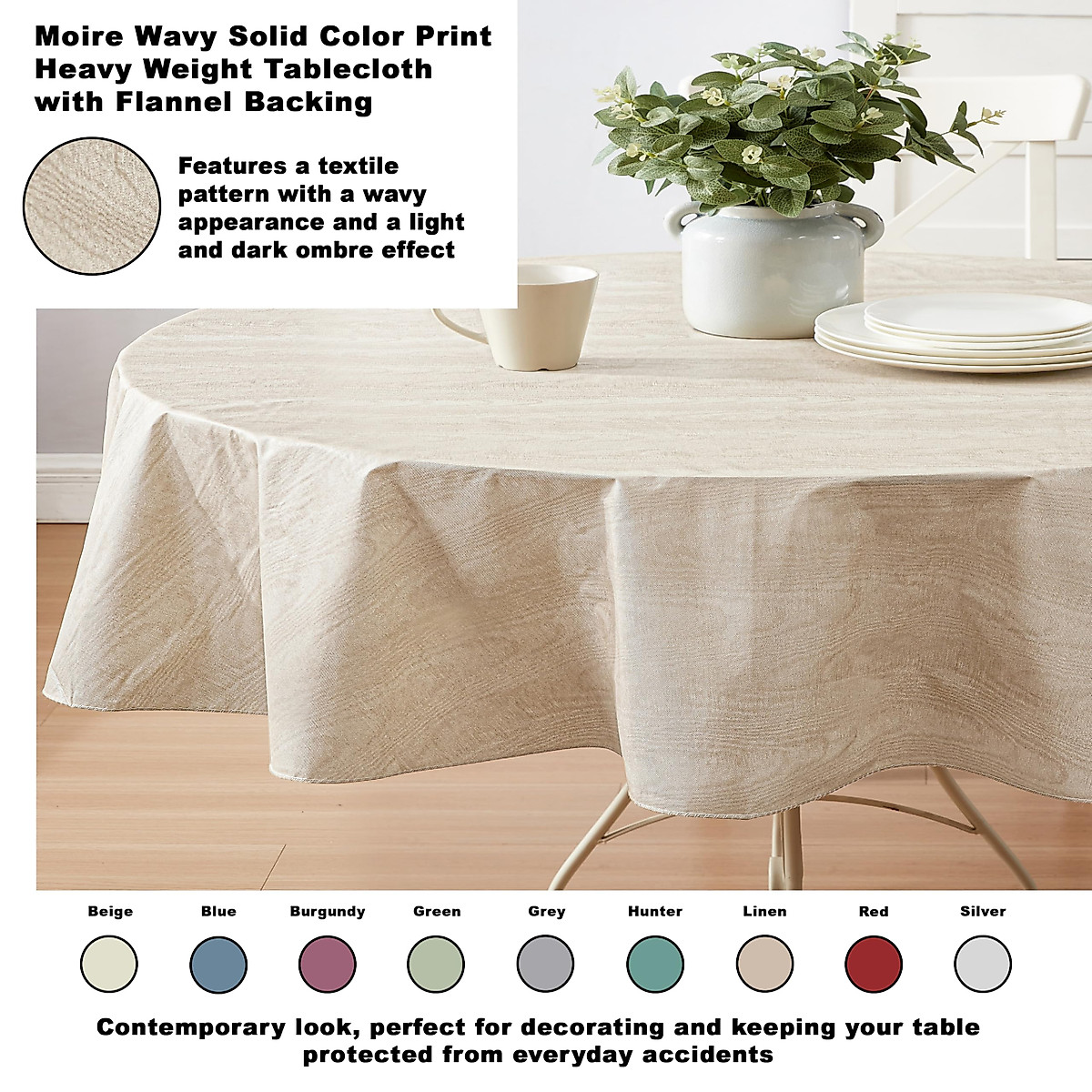 Newbridge Taupe Moire Wavy Solid Color Print Heavy Weight Vinyl Flannel Backed Tablecloth, Indoor/Outdoor Vinyl Tablecloth with Flannel Backing, 60” x 84” Oval