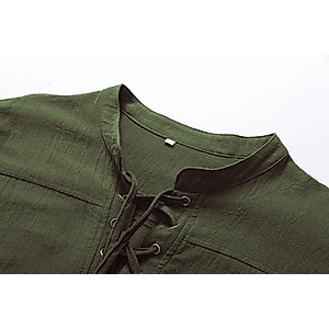 mogenda Men’s Renaissance Costume Beach Shirts Short Sleeve Lace-up Viking Pirate T-Shirts V Neck Hippie Yoga Tops(L,Army)