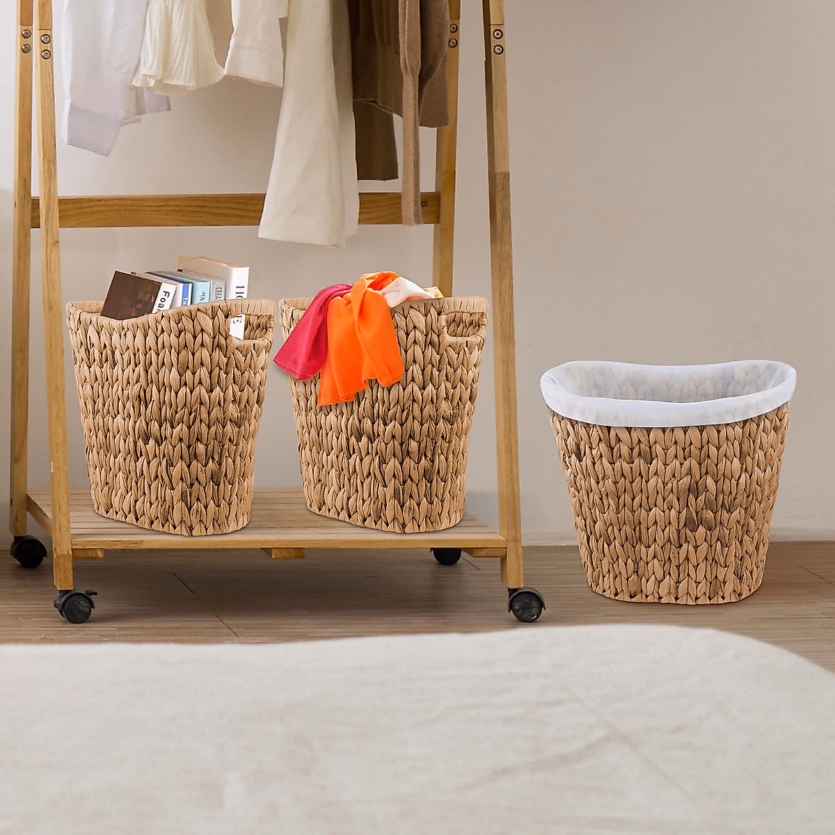 Micsci Wicker Waste Basket, Handwoven Water Hyacinth Trash Can, Wicker Trash Basket with Built-in Handles,Wicker Garbage Can for Bathroom,Bedroom, Kitchen (1 Pack)