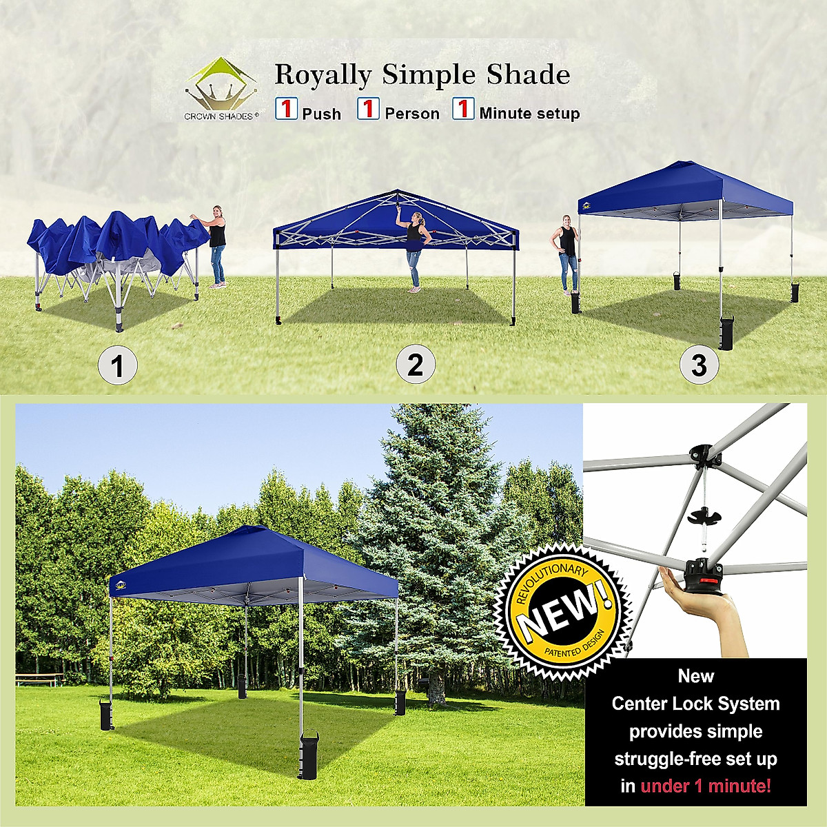 CROWN SHADES Canopy Tent 10x10 Pop Up Canopy Outdoor Shade, Easy Up Sun Shelter with One Person Set Up Center Lock, Portable Instant Tailgate Camping Beach Canopy Tents for Parties, Navy Blue