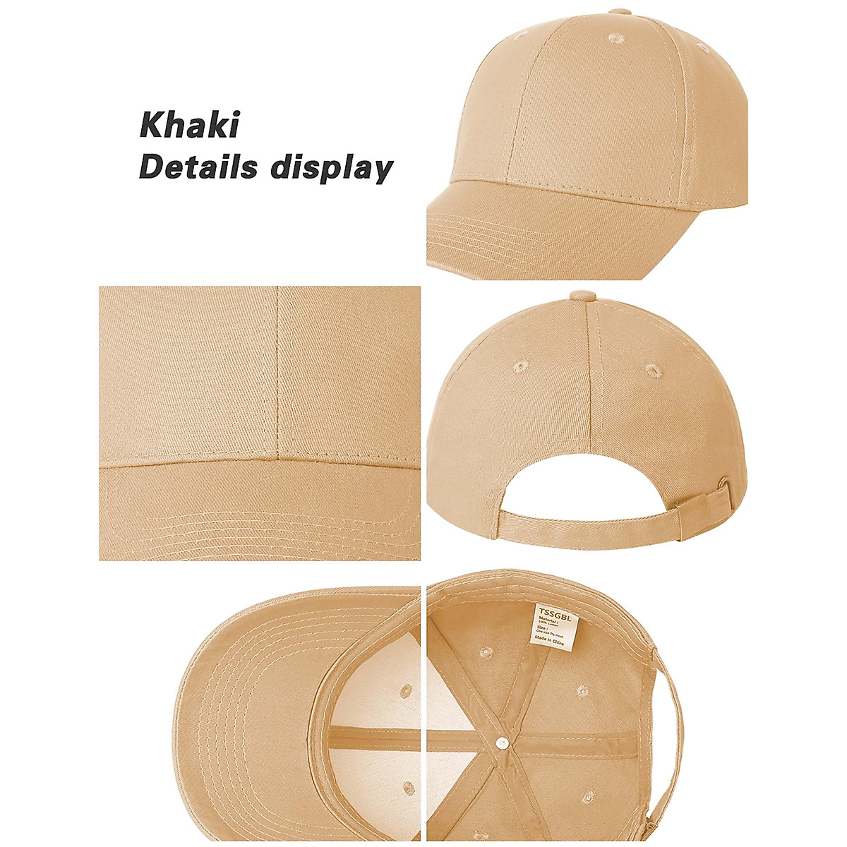 AOSMI 3 Packs Unisex Plain Cotton Strapback Baseball Hats Adjustable No-Logo Blank Clean Ball Caps for Men Women Outdoor Workout Black Grey Khaki