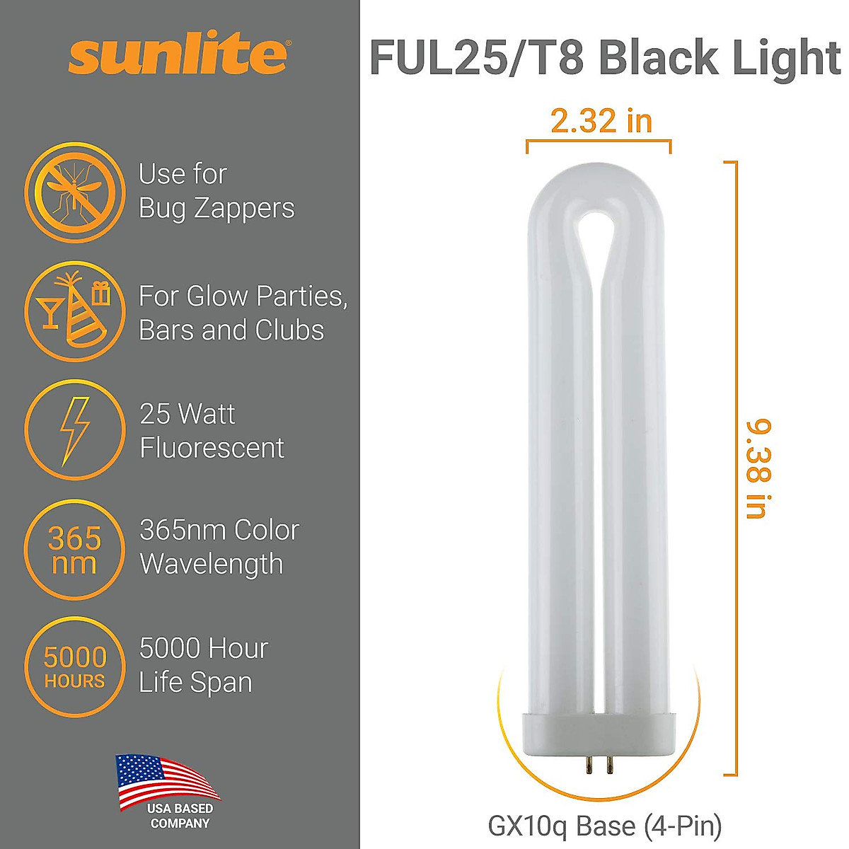 Sunlite 05165-SU FUL25T8 Fluorescent Black Light Bulb, 25 Watts, GX10q 4-Pin Base, UV Light, 365nm Color Wavelength, 5,000 Hour Life Span, Perfect for Bug Zappers, Clubs, Restaurants, Bars, 1 Pack