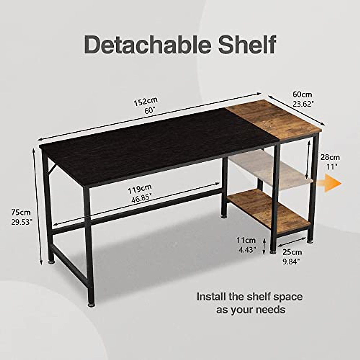 JOISCOPE Home Office Computer Desk,Study Writing Desk with Wooden Storage Shelf,2-Tier Industrial Morden Laptop Table with Splice Board,60 inches(Black Oak Finish)